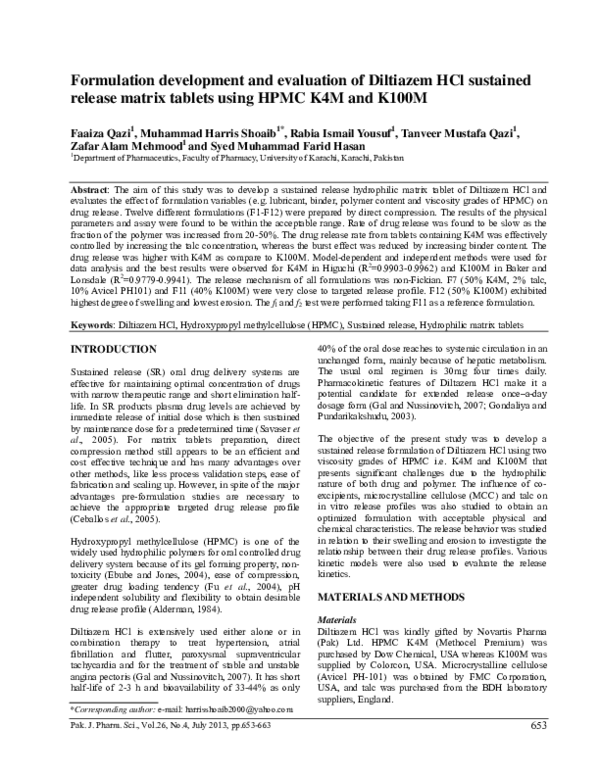 (PDF) Formulation development and evaluation of Diltiazem HCl sustained release matrix tablets ...