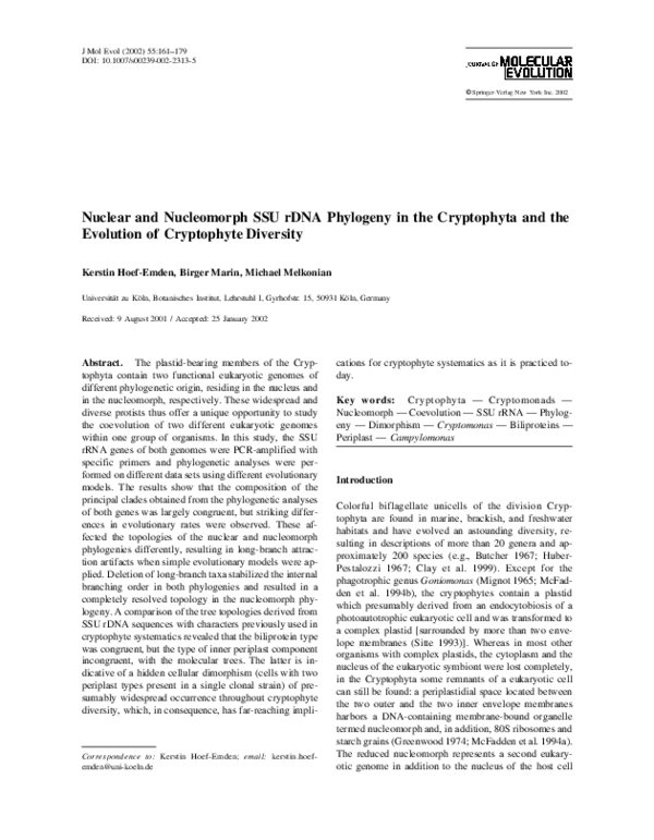 (PDF) Nuclear and Nucleomorph SSU rDNA Phylogeny in the Cryptophyta and ...