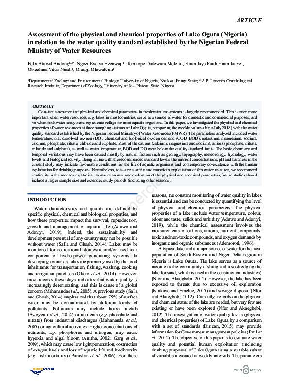 (PDF) Assessment of the physico-chemical properties of Oguta Lake ...
