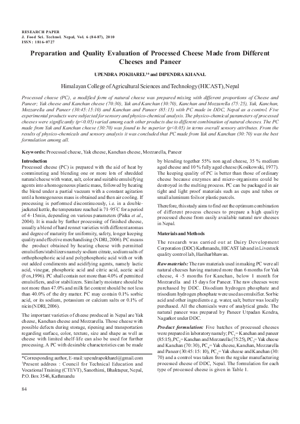 (PDF) Preparation and Quality Evaluation of Processed Cheese Made from Different Cheeses and Paneer