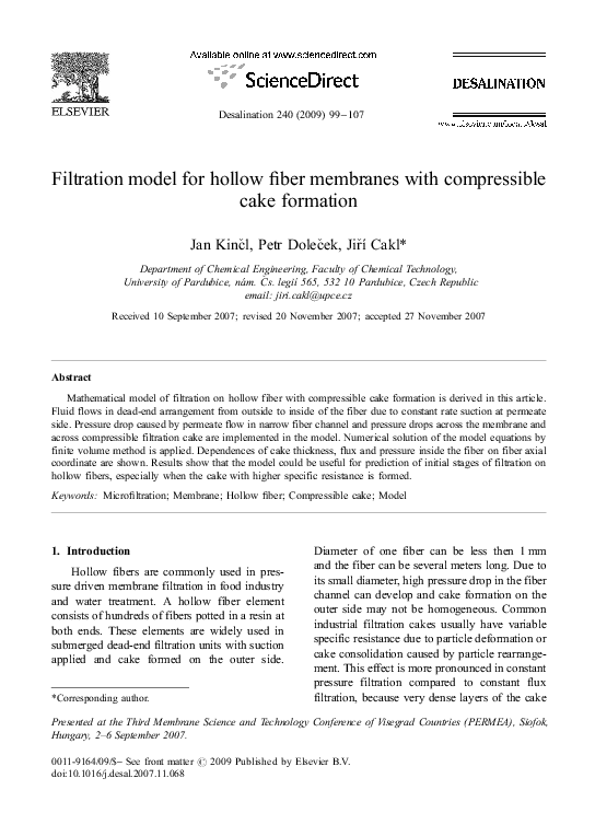 (PDF) Filtration model for hollow fiber membranes with compressible ...
