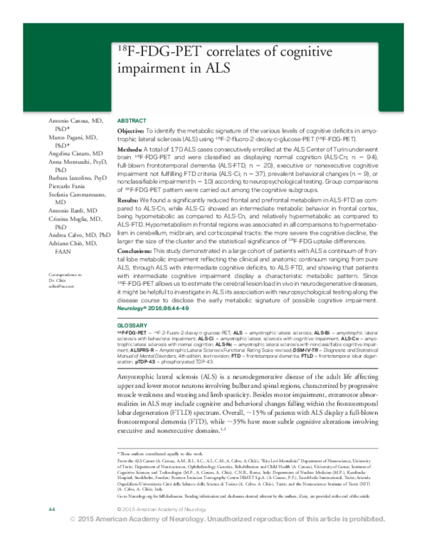 (PDF) Metabolic Signature of Cognitive Impairment in ALS via 18F-FDG-PET