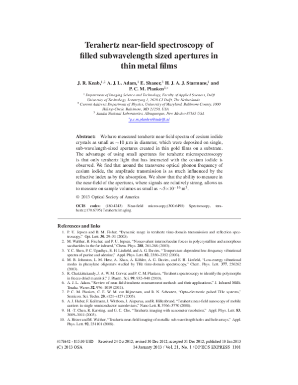 (PDF) Terahertz near-field spectroscopy of filled subwavelength sized ...