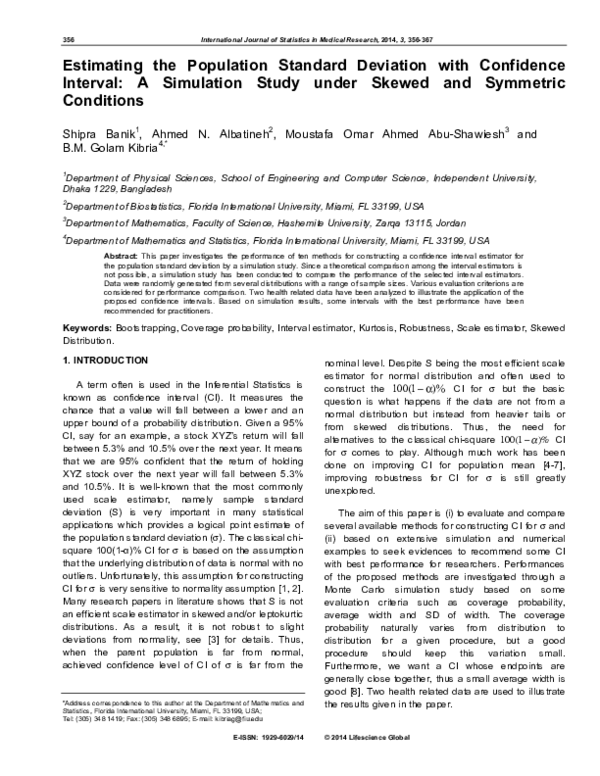 (PDF) Estimating the Population Standard Deviation with Confidence Interval: A Simulation Study ...