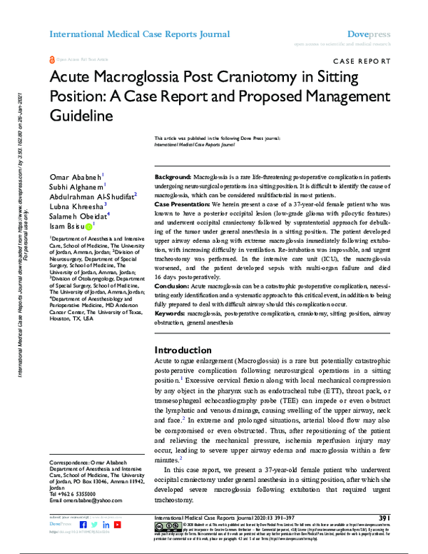 (PDF) Acute Macroglossia Post Craniotomy in Sitting Position: A Case ...
