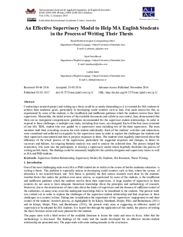 (PDF) An Effective Supervisory Model to Help MA English Students in the ...