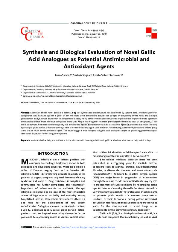 (PDF) Synthesis and Biological Evaluation of Novel Gallic Acid Analogues as Potential ...