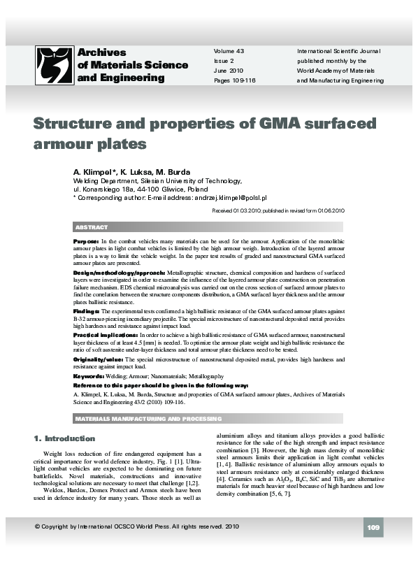 (PDF) Structure and properties of GMA surfaced armour plates