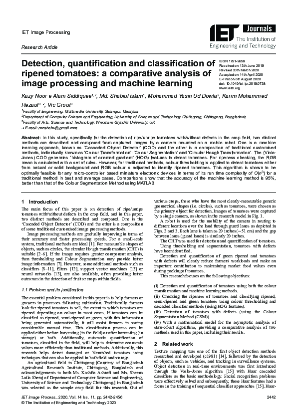 Pdf Detection Quantification And Classification Of Ripened Tomatoes Using A Comparative