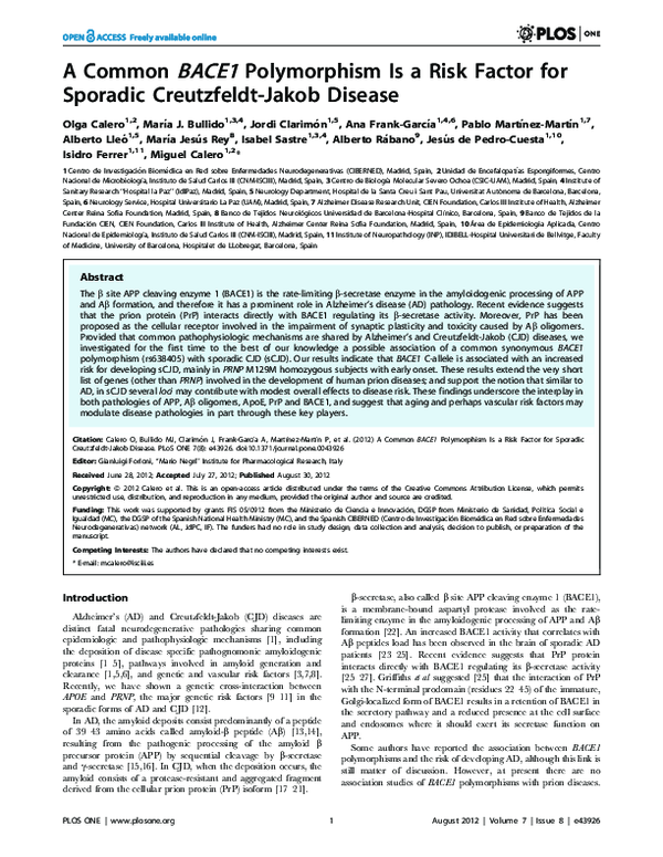 (PDF) A Common BACE1 Polymorphism Is a Risk Factor for Sporadic ...