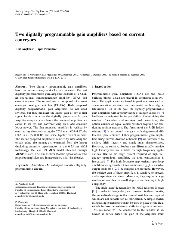 (PDF) Two digitally programmable gain amplifiers based on current conveyors