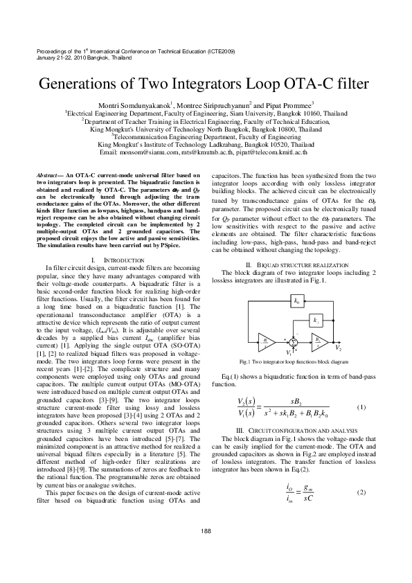 Pdf Generations Of Two Integrators Loop Ota C Filter