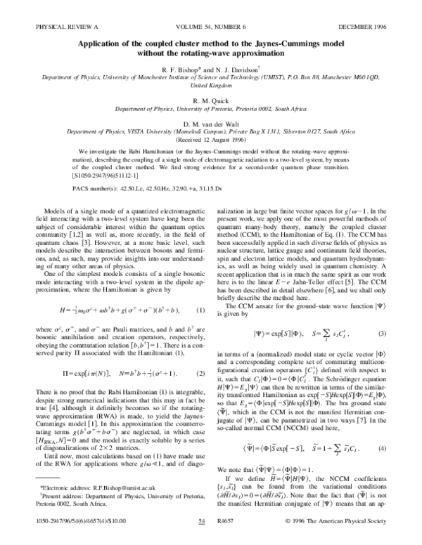 (PDF) Application of the coupled cluster method to the Jaynes-Cummings model without the ...