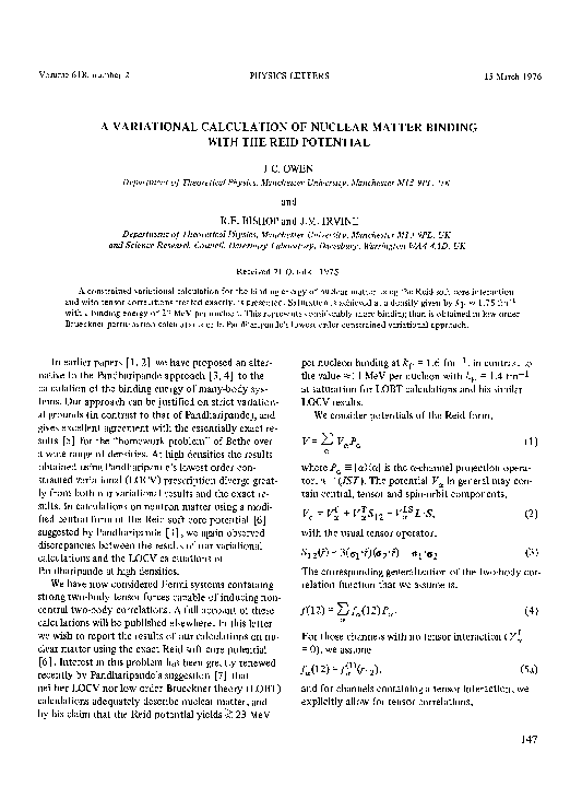 (PDF) A variational calculation of nuclear matter binding with the Reid ...