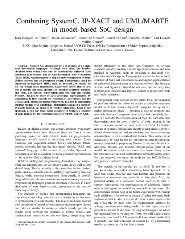 (PDF) Combining SystemC, IP-XACT and UML/MARTE in model-based SoC design
