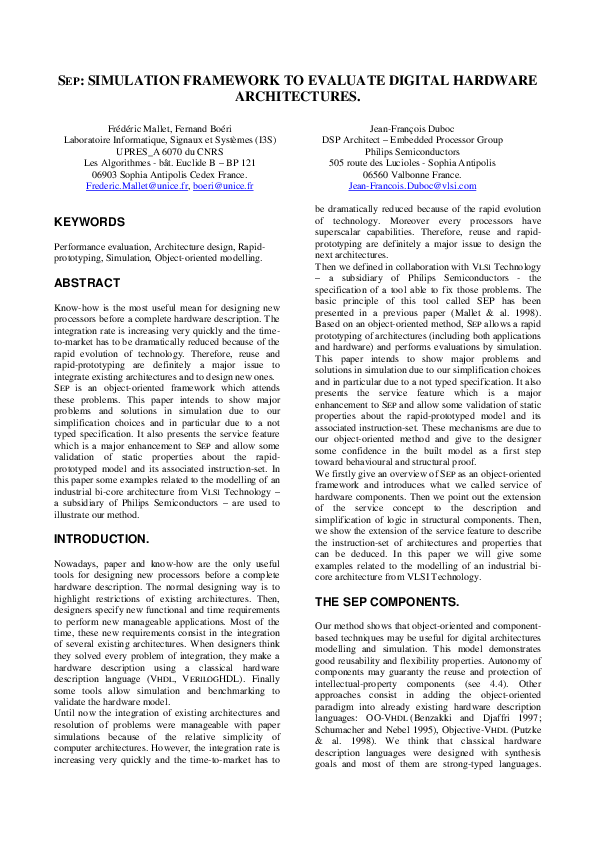 (PDF) Sep: Simulation Framework to Evaluate Digital Hardware Architectures