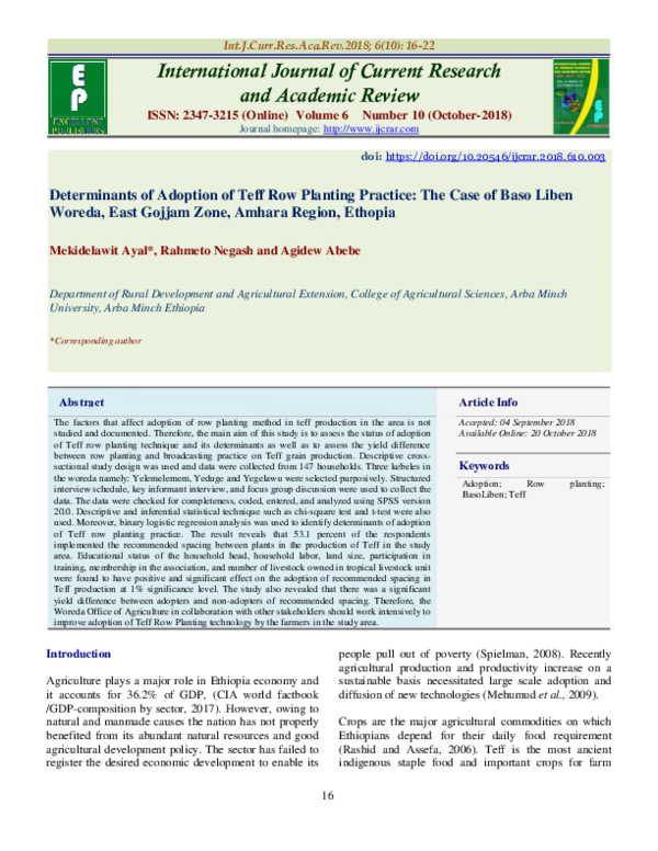 (PDF) Determinants of Adoption of Teff Row Planting Practice: The Case ...