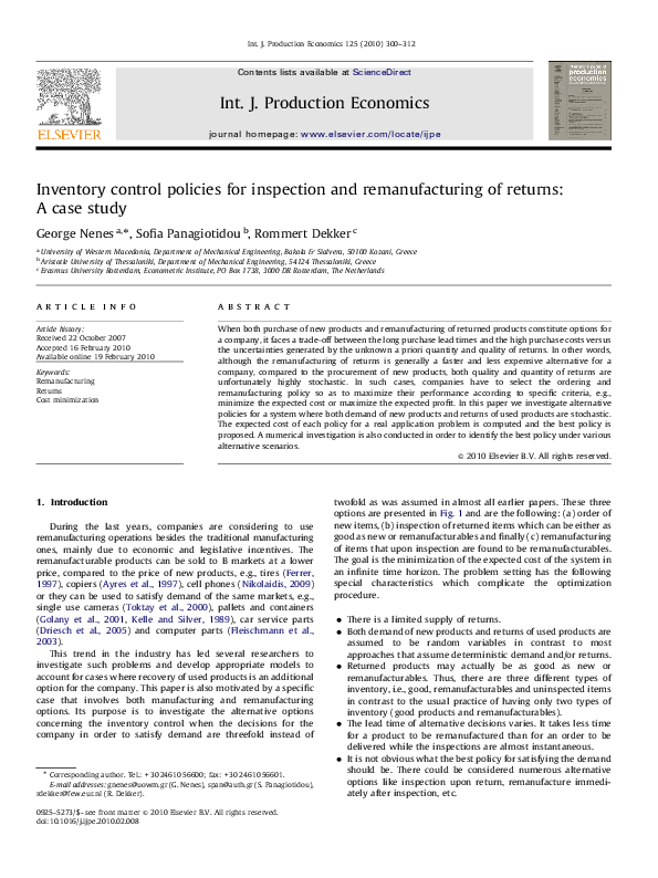 (PDF) Inventory control policies for inspection and remanufacturing of ...