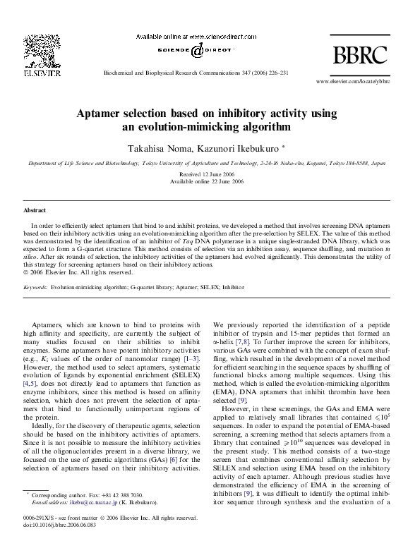 Pdf Aptamer Selection Based On Inhibitory Activity Using An Evolution Mimicking Algorithm
