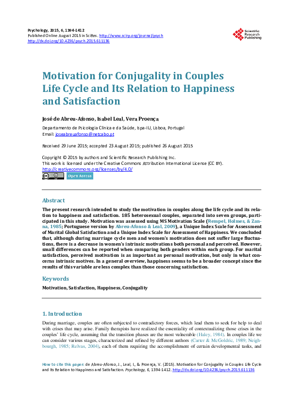 (PDF) Motivation for Conjugality in Couples Life Cycle and Its Relation ...
