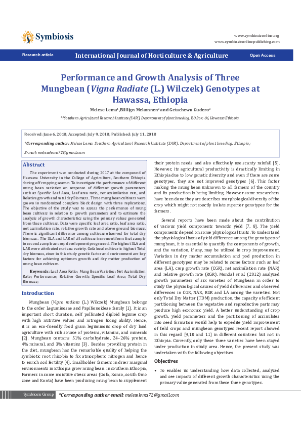 (PDF) Performance and Growth Analysis of Three Mungbean (Vigna Radiate ...