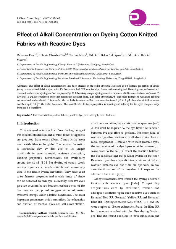(PDF) Effect of Alkali Concentration on Dyeing Cotton Knitted Fabrics with Reactive Dyes