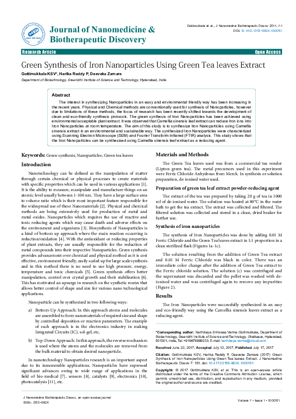 (PDF) Green Synthesis of Iron Nanoparticles Using Green Tea leaves Extract
