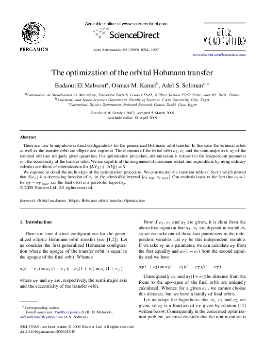 (PDF) The optimization of the orbital Hohmann transfer