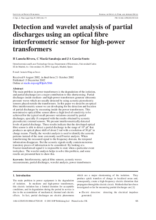 Pdf Detection And Wavelet Analysis Of Partial Discharges Using An Optical Fibre
