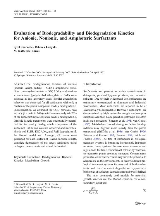 (PDF) Evaluation of Biodegradability and Biodegradation Kinetics for Anionic, Nonionic, and ...