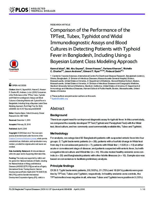 (PDF) Comparison of the Performance of the TPTest, Tubex, Typhidot and ...
