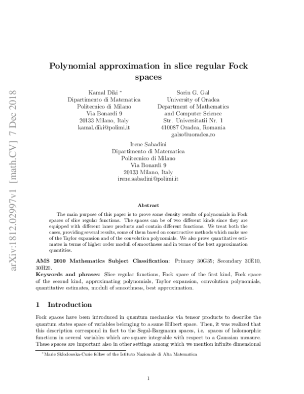 Pdf Polynomial Approximation In Slice Regular Fock Spaces