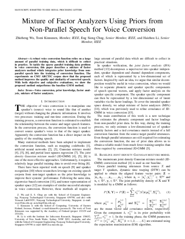 (PDF) Mixture of Factor Analyzers Using Priors From Non-Parallel Speech for Voice Conversion