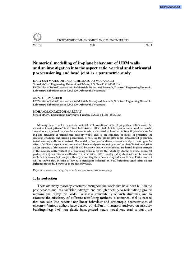 (PDF) Numerical modelling of in-plane behaviour of URM walls and an ...