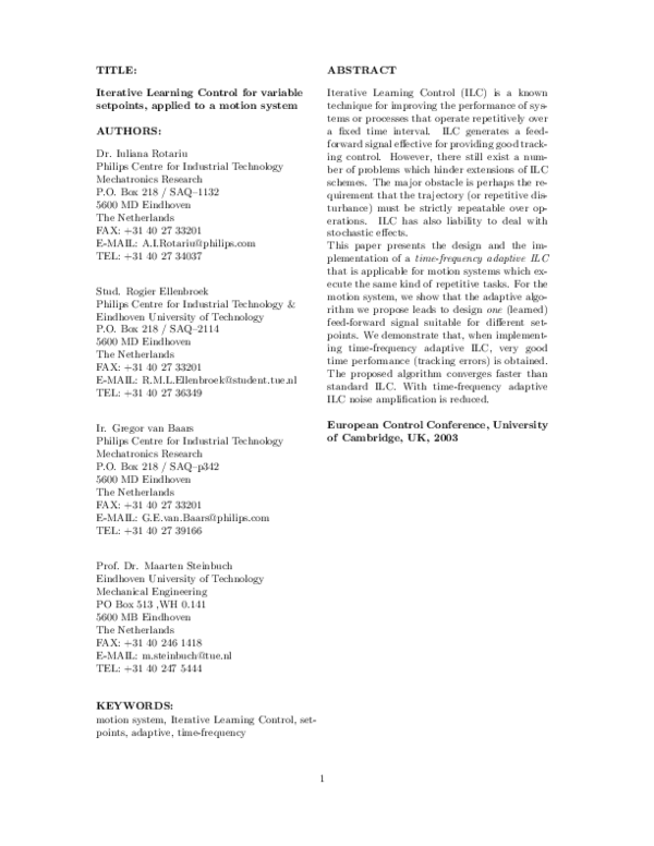 (PDF) Iterative learning control for variable setpoints applied to a motion system