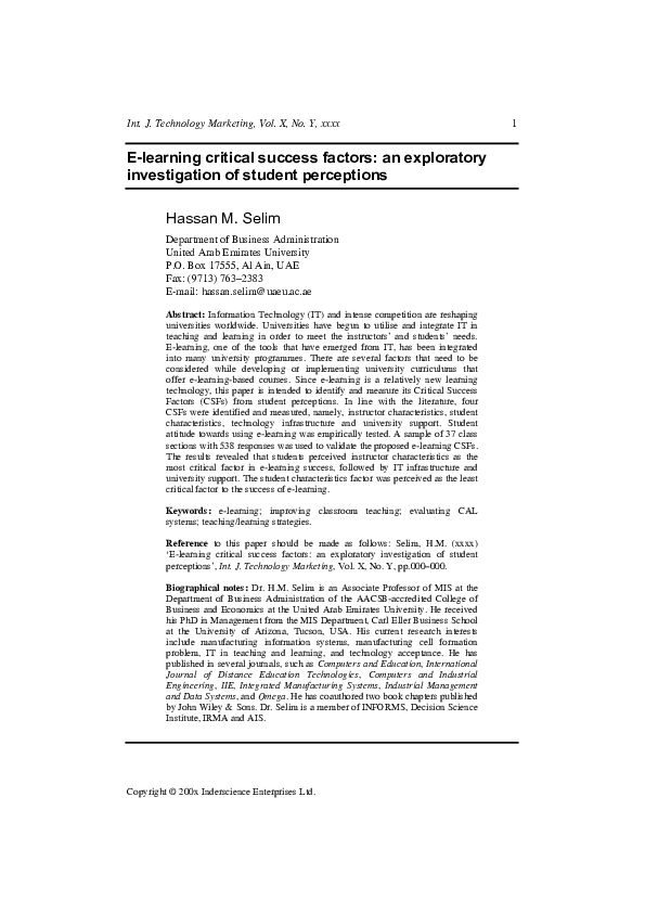 (PDF) E-learning critical success factors: an exploratory investigation of student perceptions