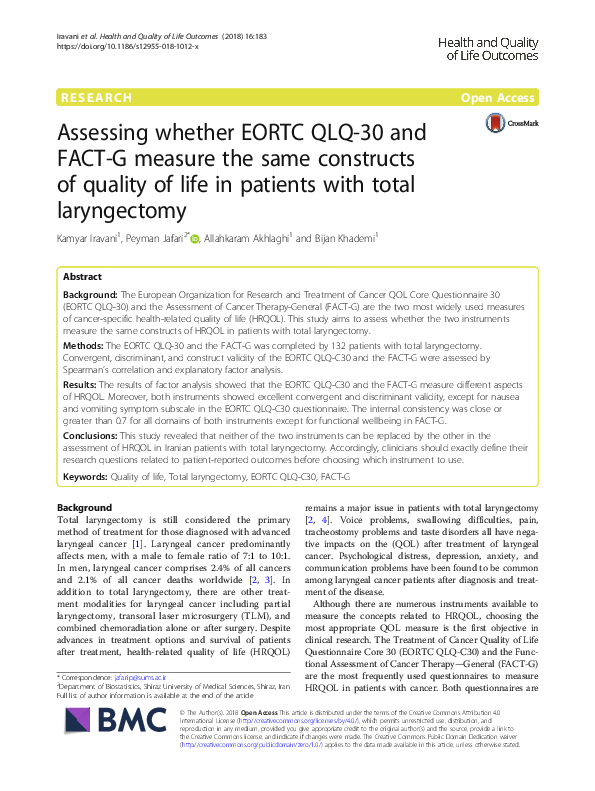 (PDF) Assessing whether EORTC QLQ-30 and FACT-G measure the same constructs of quality of life ...