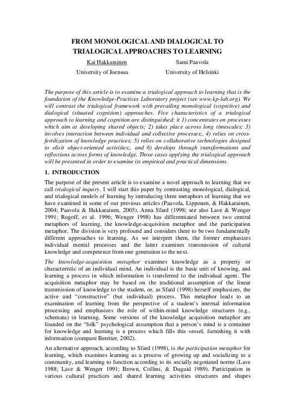 (PDF) From Monological and Dialogical to Trialogical Approaches to Learning