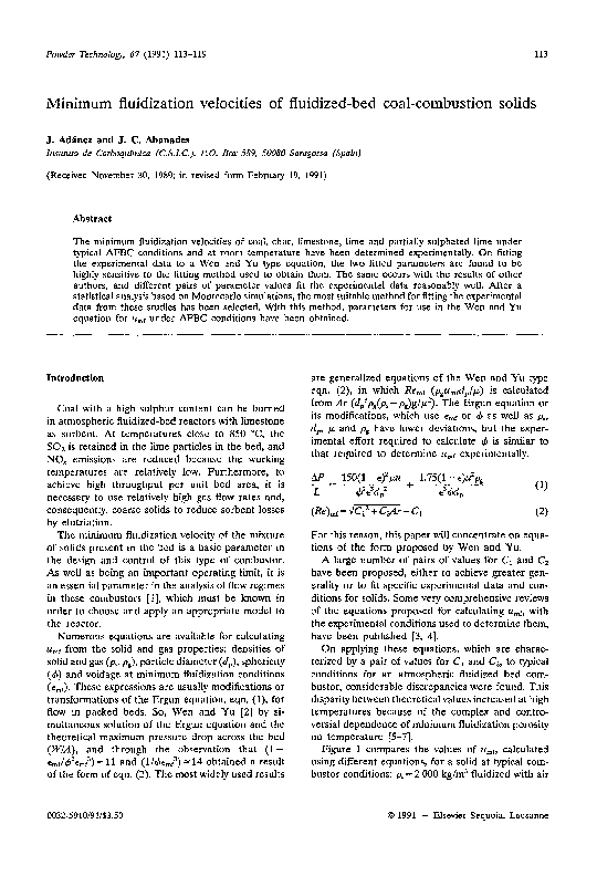 (PDF) Minimum fluidization velocities of fluidized-bed coal-combustion solids