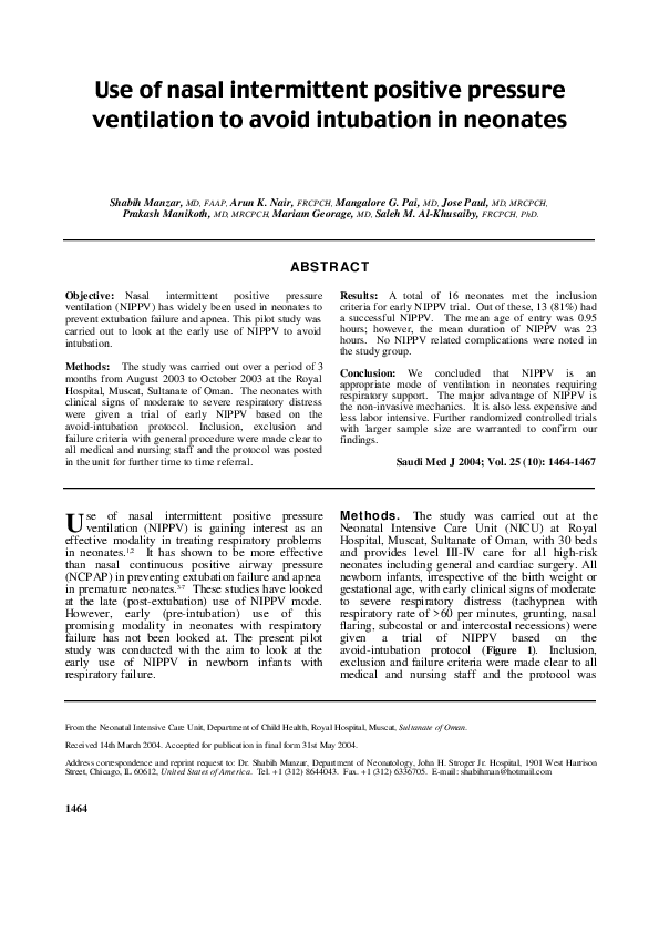 (PDF) Use of nasal intermittent positive pressure ventilation to avoid ...