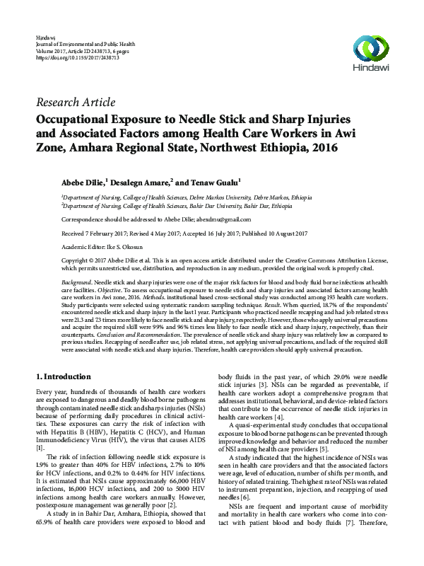 (PDF) Occupational Exposure to Needle Stick and Sharp Injuries and ...
