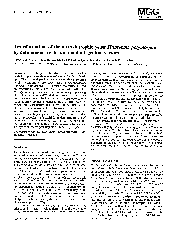 (PDF) Transformation of the methylotrophic yeast Hansenula polymorpha ...