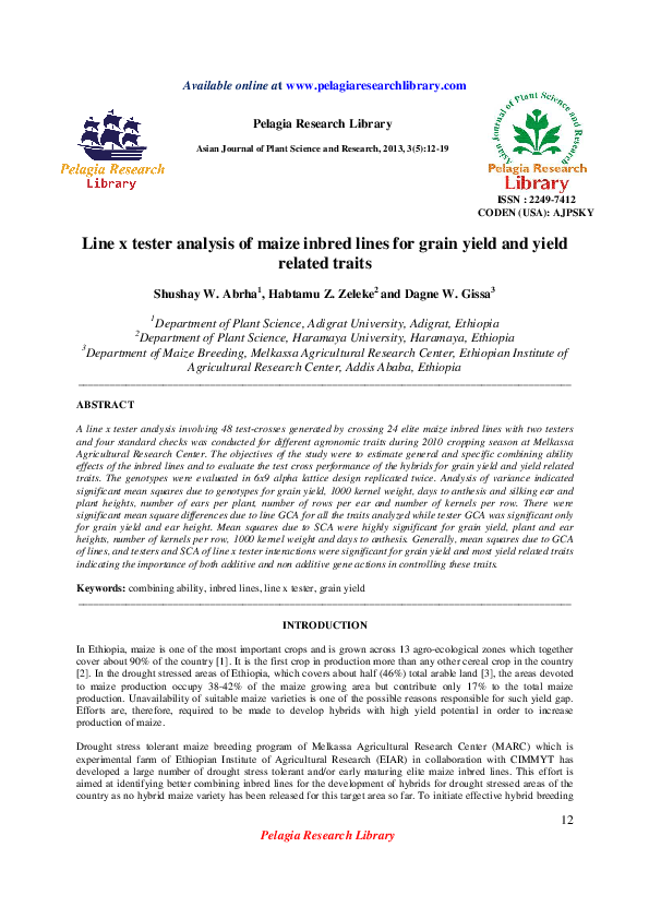 Pdf Line X Tester Analysis Of Maize Inbred Lines For Grain Yield And Yield Related Traits