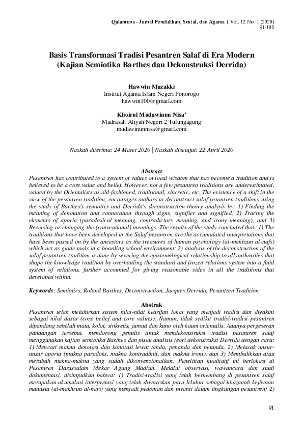 (PDF) Basis Transformasi Tradisi Pesantren Salaf di Era Modern (Kajian Semiotika Barthes dan ...
