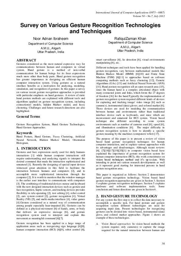 (PDF) Survey on Various Gesture Recognition Technologies and Techniques