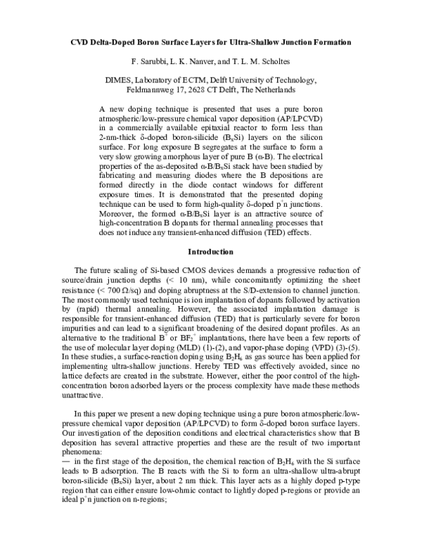 (PDF) CVD Delta-Doped Boron Surface Layers for Ultra-Shallow Junction ...