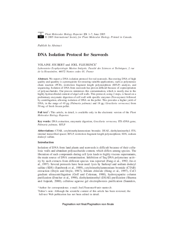 Pdf Dna Isolation Protocol For Seaweeds