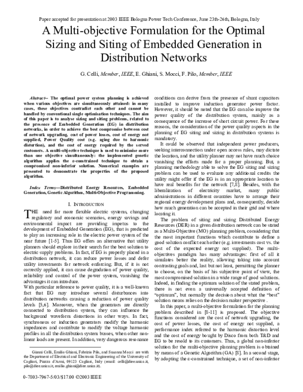 Pdf A Multi Objective Formulation For The Optimal Sizing And Siting Of Embedded Generation In