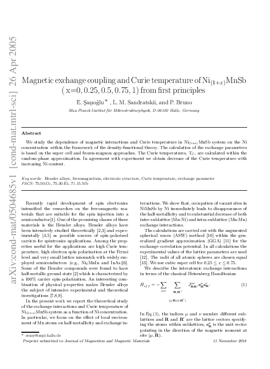 (PDF) Magnetic exchange coupling and Curie temperature of from first ...