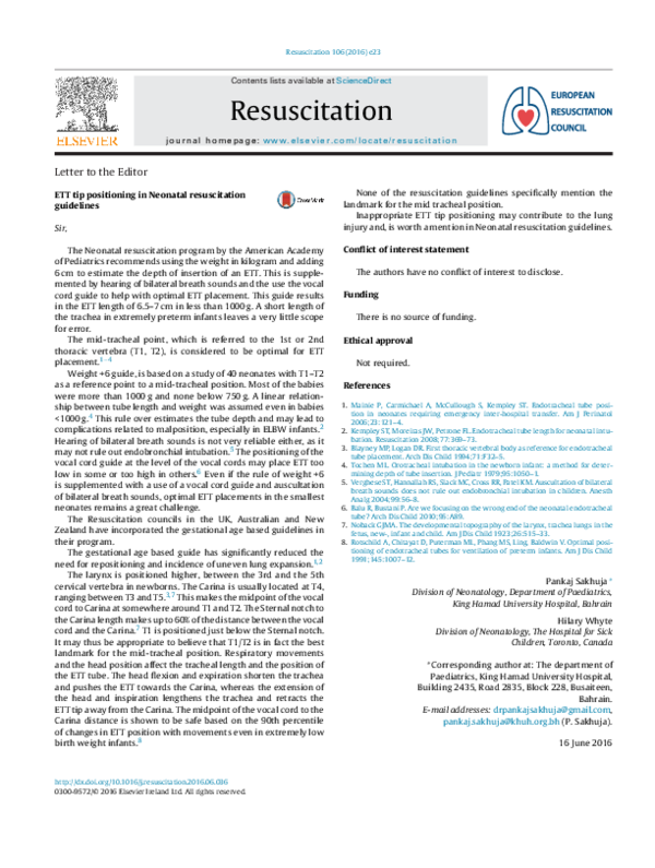 (PDF) ETT tip positioning in Neonatal resuscitation guidelines
